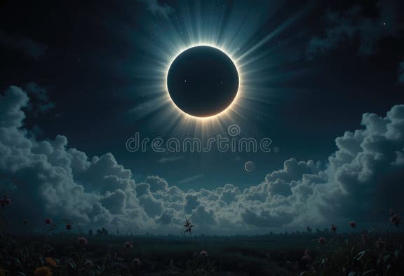 Total Solar Eclipse Shining Over Field with Moon and Cloudy Sky Stock ...