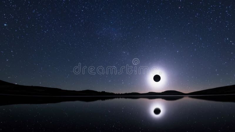 Total Solar Eclipse with Starry Night and Reflection Over Calm Lake ...