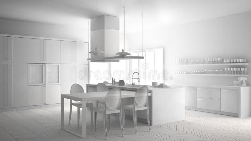 Total White Project of Minimalistic Modern Kitchen with Table, C Stock ...