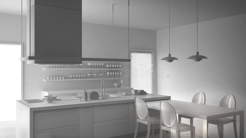 Total White Project of Minimalistic Modern Kitchen with Table, C Stock ...