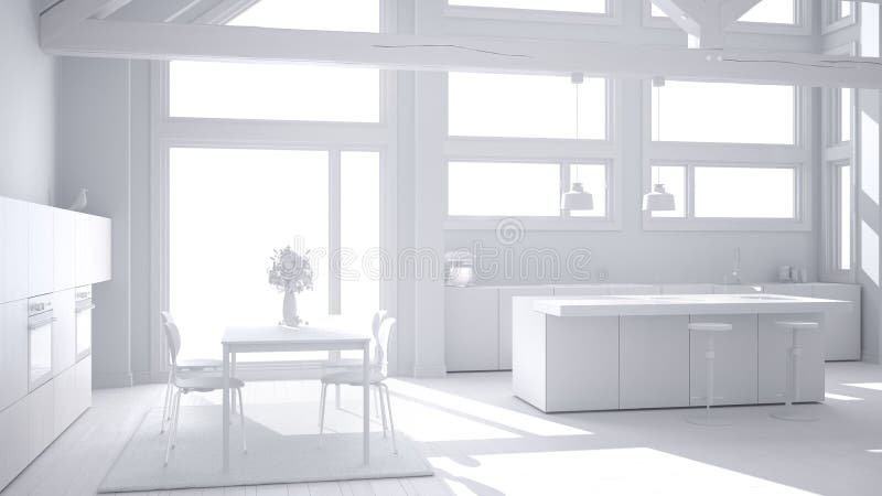 Total White Project of Modern Kitchen in Classic Villa, Loft, Bi Stock ...