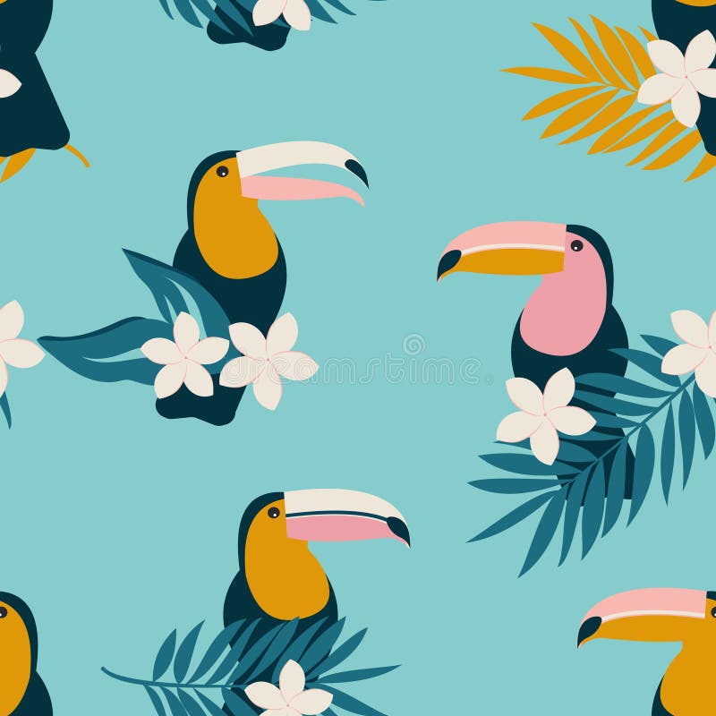 Birds Toucans and Modern Flowers Plumeria Leaves Form a Seamless ...