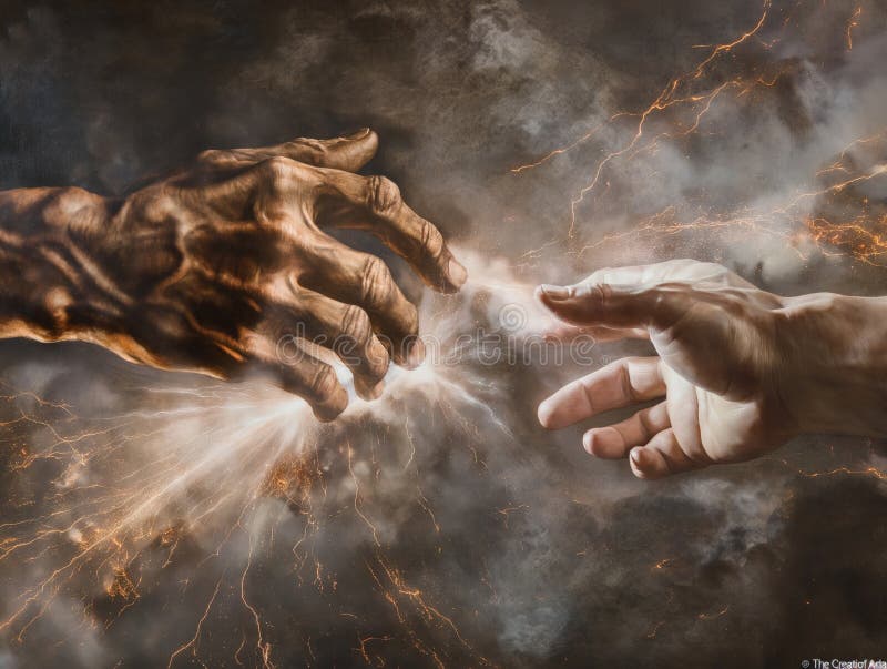 Touch of Creation: Hands Reaching through Light Stock Photo - Image of force, energy: 318840342