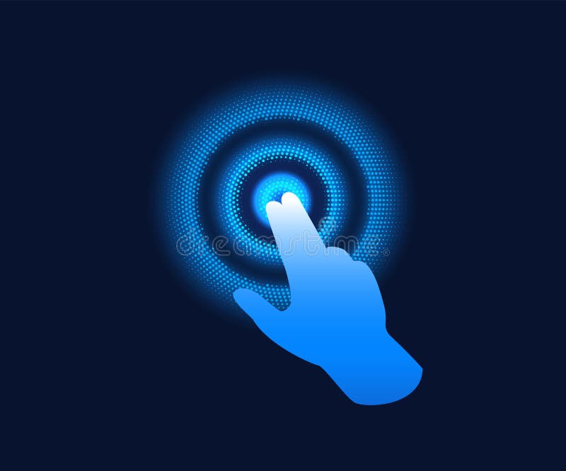 Touch Effect. a Blue Holographic Hand Presses a Button. Stock Vector ...