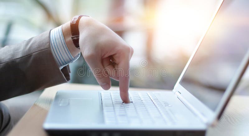 Touch of a Finger To the Laptop Computer Keyboard, Side View Stock ...