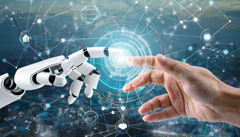 The Touch of the Future: Man and Machine in Harmony Stock Illustration ...