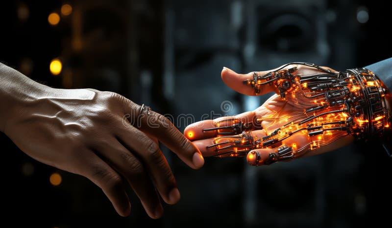 Touch between a Robotic Hand and a Human Hand. AI Generated Stock ...