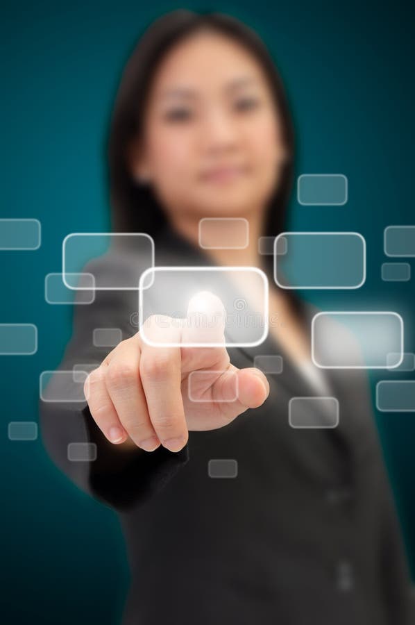 Asian Man Finger Pressing on Touch Screen Monitor Button Stock Photo ...