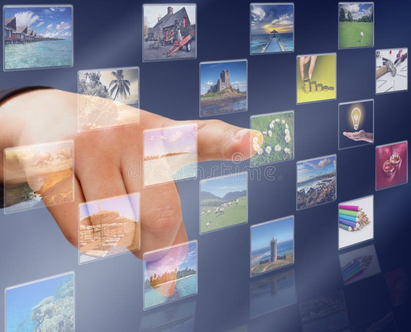 Hand Browsing Images in Touch Screen Virtual Space Stock Photo - Image ...