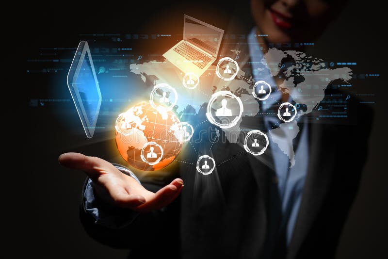 Businessman Hand Pushing New Technology Button on Modern Comput Stock ...