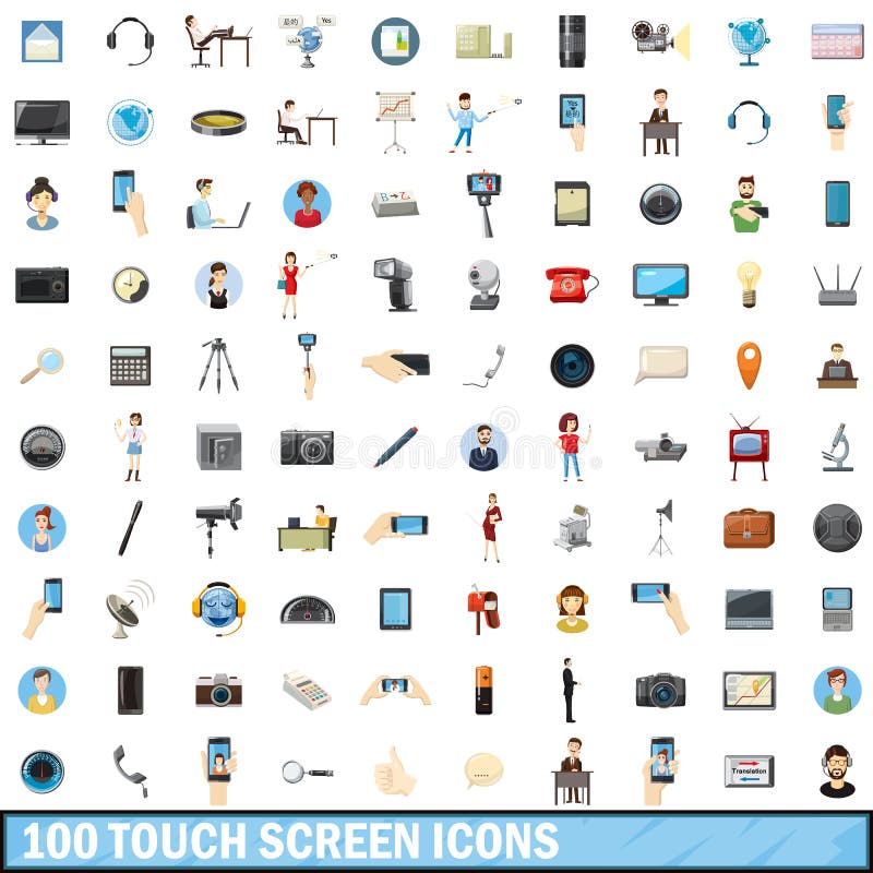 100 Touch Screen Icons Set, Cartoon Style Stock Vector - Illustration ...