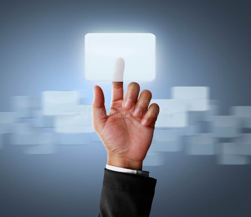 Hand Pushing a Button on a Touch Screen Interface Stock Photo - Image ...