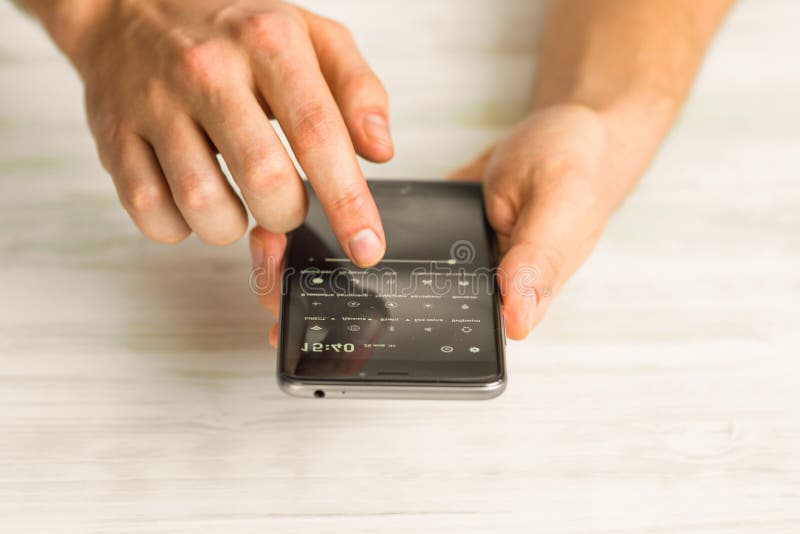 Touch Screen Smart Phone Hands Man Using Black Smartphone Stock Photo ...