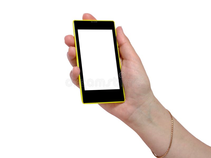 Touch Screen Yellow Black Mobile Phone in Hand Stock Photo - Image of ...