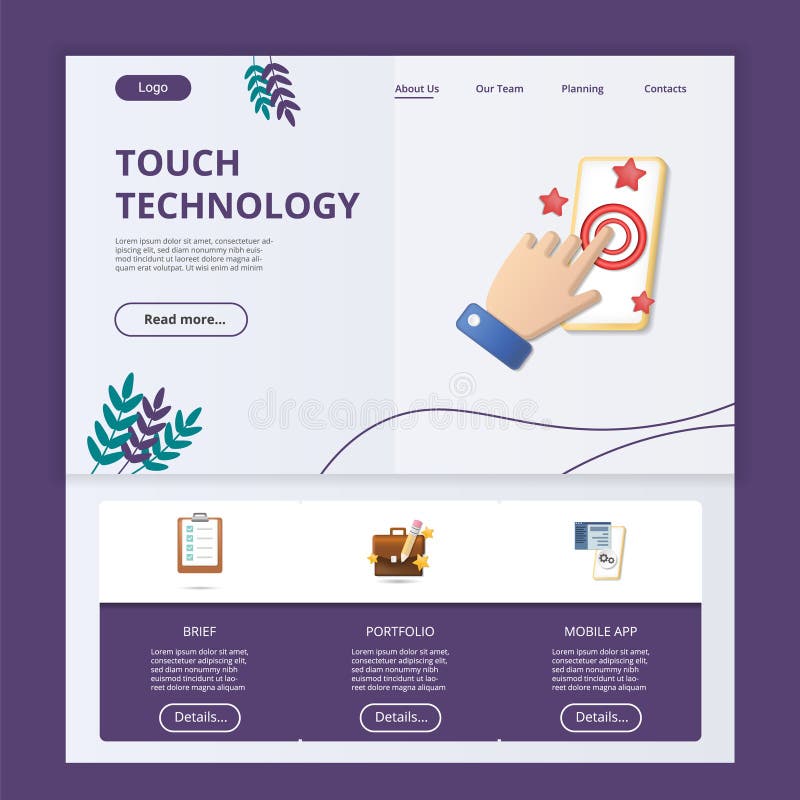Touch Technology Flat Landing Page Website Template. Brief, Portfolio, Mobile App. Web Banner ...