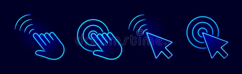 Touch Wave. Hand and Arrow Pointer Cursor Icons with Neon Light ...