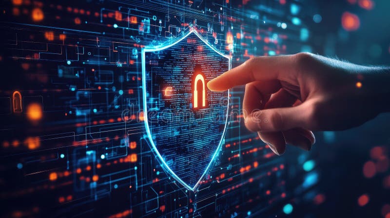 Touching Digital Security Shield with Hand on Glowing Network Backdrop Stock Image - Image of ...