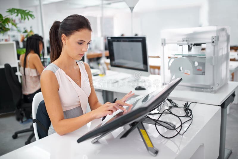 Touching the Face of the Future. a Young Businesswoman Using Touch ...