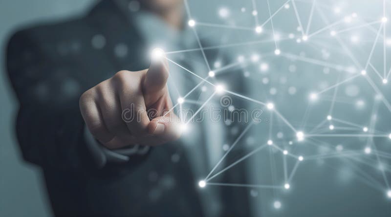 Touching the Future: Man Interacts with Virtual Network Interface Stock ...