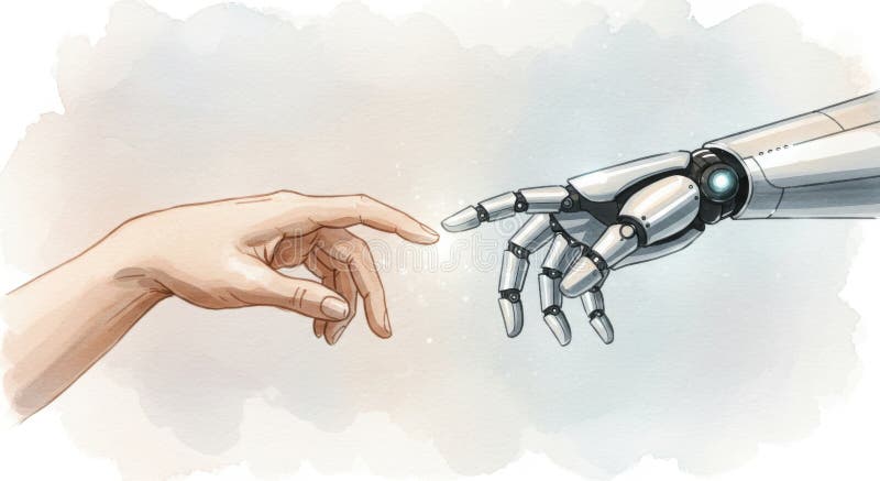 Touching a Human and Bionic Hand. an Illustration with a Symbol of the ...