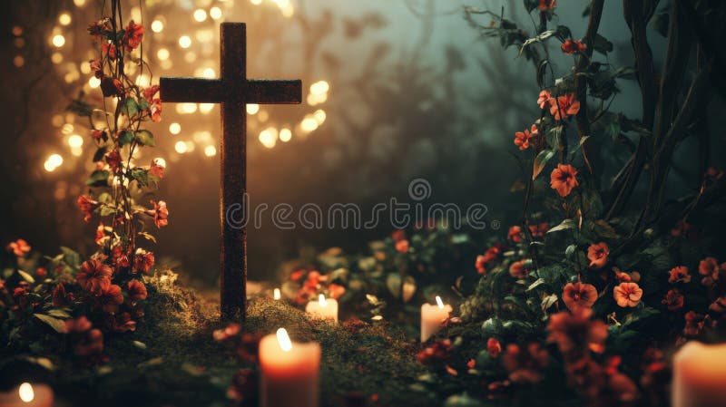 Nighttime Cross Surrounded by Flowers and Candlelight Stock ...