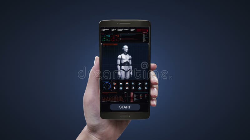 Touching Robot Cyborg Control Application on Mobile Screen, Rotating 3D ...