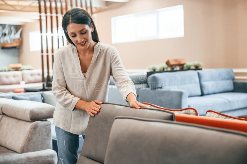 Touching the Smooth Surface. Woman is Visiting Bed Store Stock Image ...