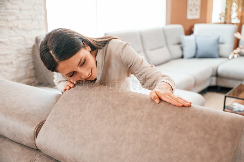 Touching the Smooth Surface. Woman is Visiting Bed Store Stock Image ...
