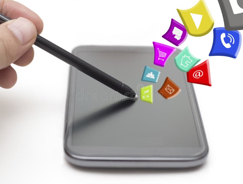 Touching the Touch Screen with Apps Stock Image - Image of horizontal ...