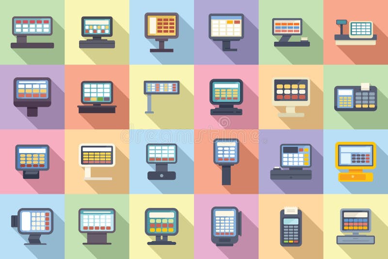 Touchscreen Cash Register Icons Set Flat Vector. Self Sale Stock ...