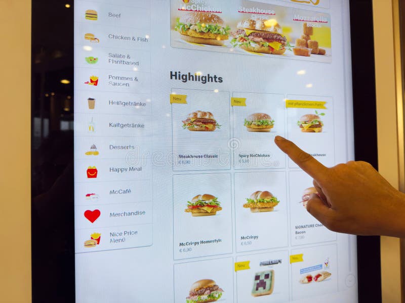 Touchscreen Fast Food Menu Display Showing Burger Selection and Prices ...