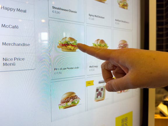 Touchscreen Order: Hand Selecting Fast Food Menu Item in Modern Digital ...