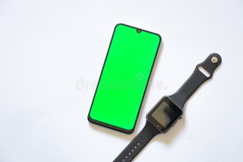 Touchscreen Phone with Green Screen and Smart Watch on Isolated ...