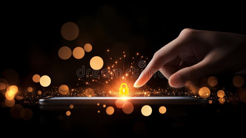 Touchscreen Security Concept with Glowing Lock and Finger Touching ...