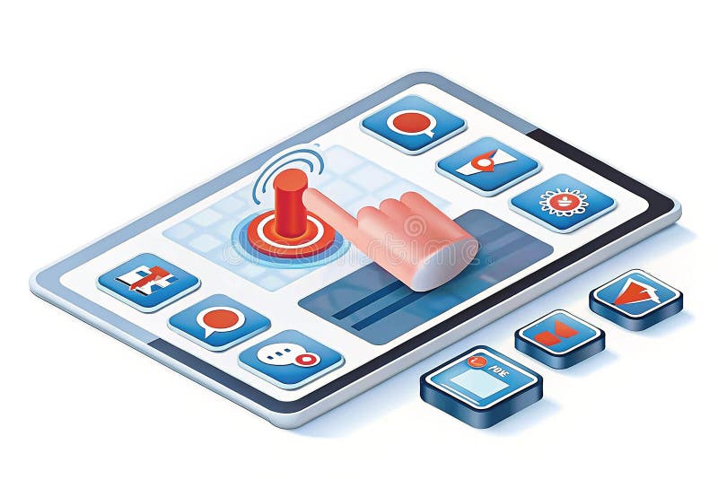 Touchscreen Tablet Interface, Finger Pressing Start Button, App Icons, Digital Dashboard Stock ...