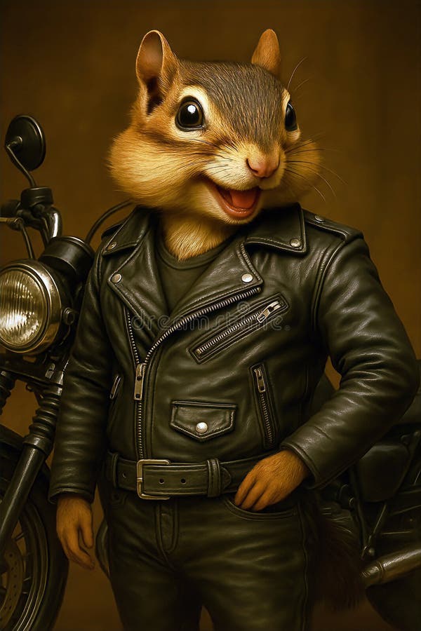 Tough Biker Chipmunk in Leather Jacket Next To Motorcycle Stock Image ...