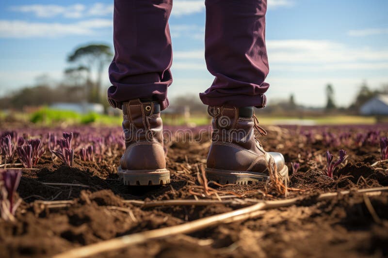 A Tough Guy in Work Boots Poses in the Middle of a Vast Field ...