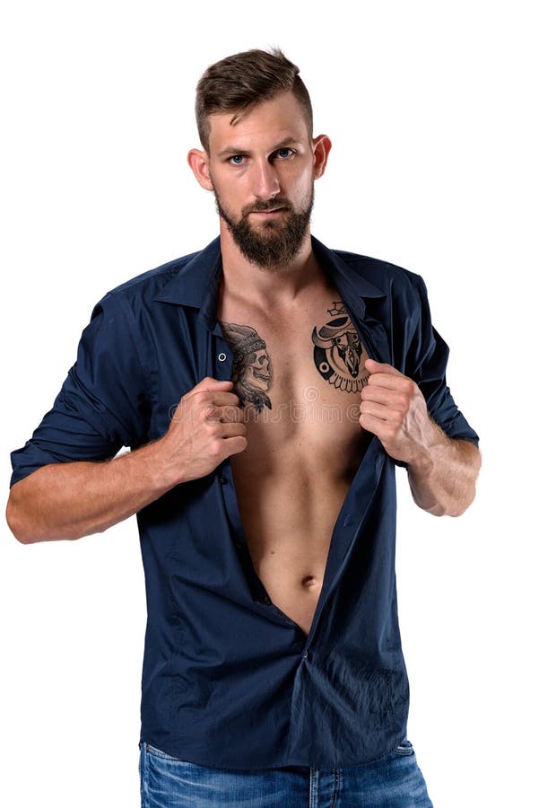 Tough Looking Man with Beard and Tattoo Isolated on White Stock Photo ...