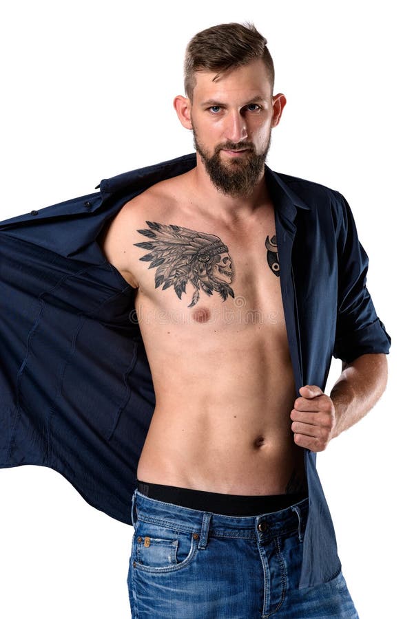 Tough Looking Man with Beard and Tattoo Isolated on White Stock Image ...