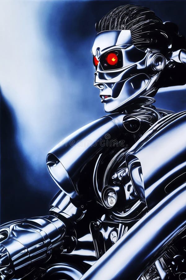 Tough Steely Android Robot with Angular Features in High Contrast Light ...