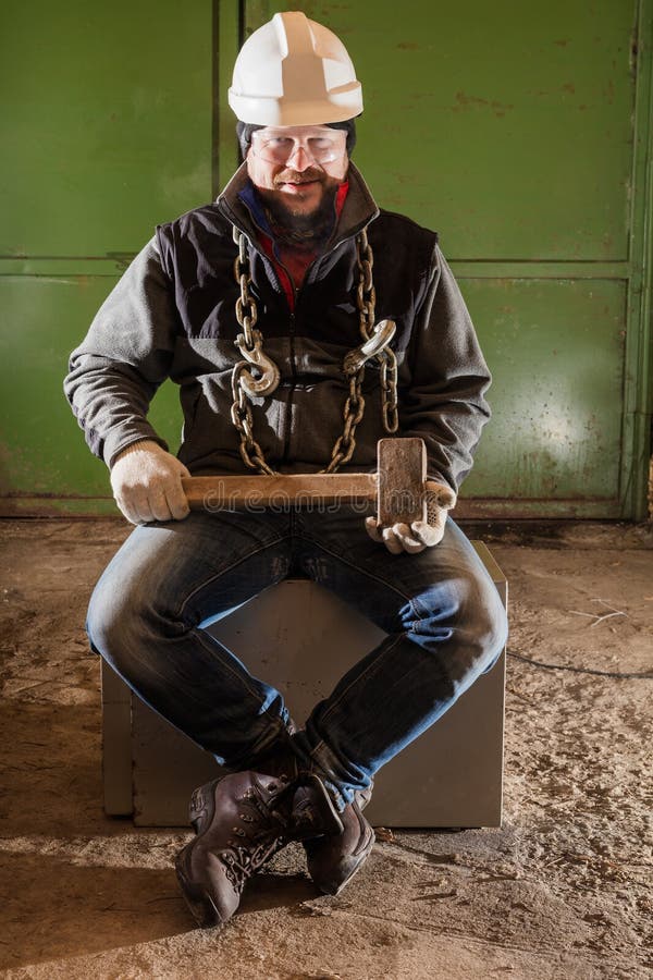 Tough Worker with Iron Chain and Sledgehammer Stock Photo - Image of ...