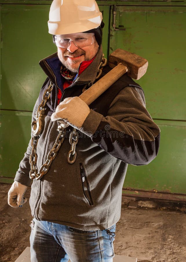 Tough Worker with Iron Chain and Sledgehammer Stock Image - Image of ...