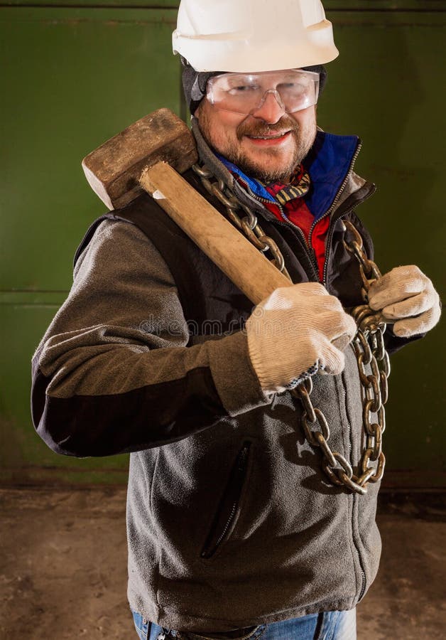 Tough Worker with Iron Chain and Sledgehammer Stock Image - Image of ...