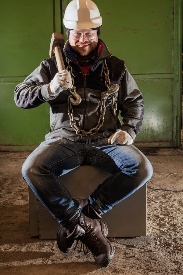 Tough Worker with Iron Chain and Sledgehammer Stock Image - Image of ...