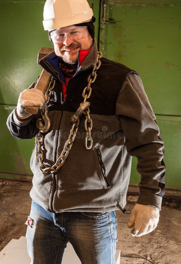 Tough Worker with Iron Chain and Sledgehammer Stock Image - Image of ...