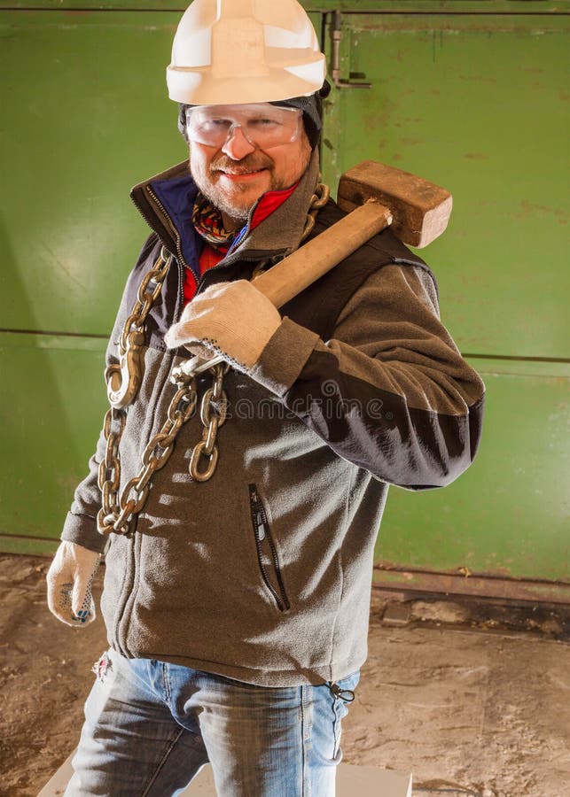 Tough Worker with Iron Chain and Sledgehammer Stock Image - Image of ...