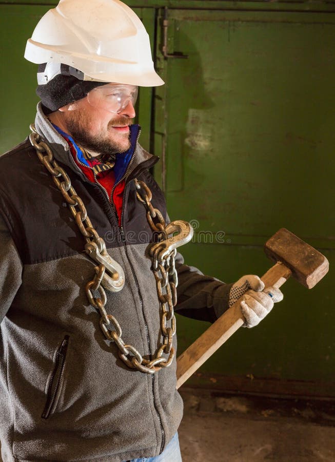 Tough Worker with Iron Chain and Sledgehammer Stock Photo - Image of ...