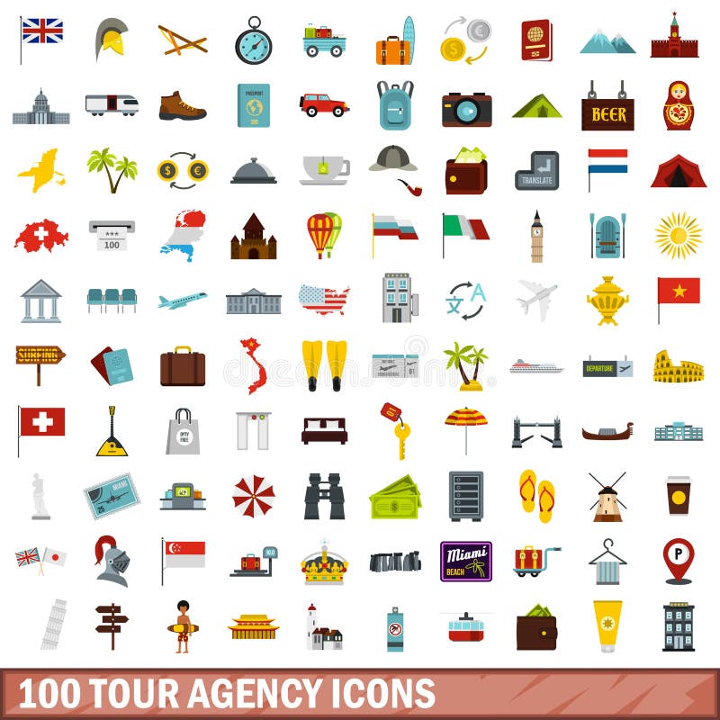 100 Tour Agency Icons Set, Flat Style Stock Vector - Illustration of ...
