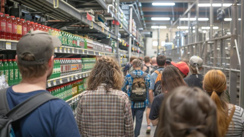 A Tour Group Walks through Rows of Bottles and Cans Learning about the ...