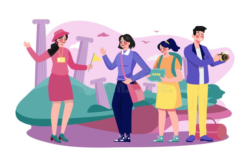 Tour Guide Lady and Group of Tourists Stock Vector - Illustration of ...